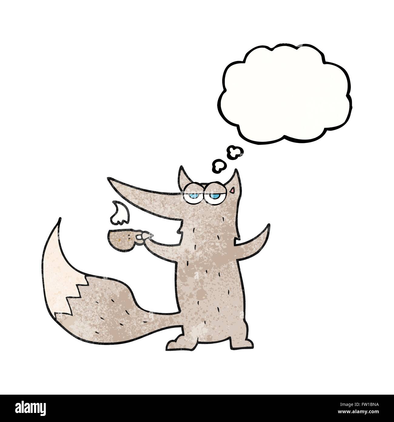 freehand drawn thought bubble textured cartoon wolf with coffee cup ...