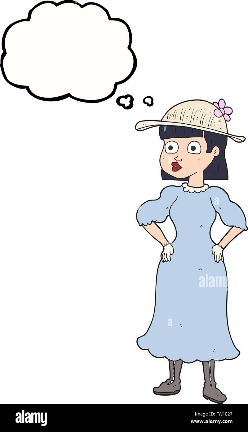 freehand drawn thought bubble cartoon woman in sensible dress Stock ...
