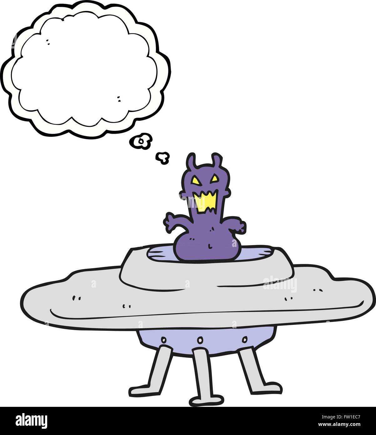 freehand drawn thought bubble cartoon alien in flying saucer Stock ...