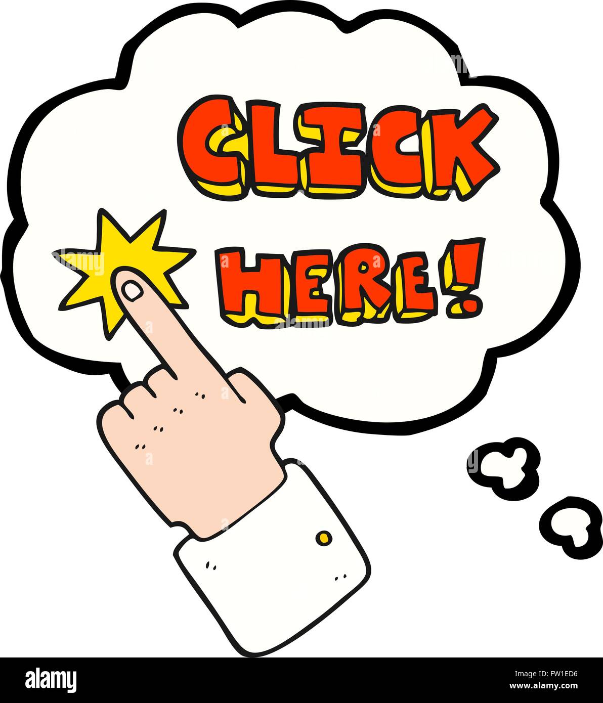 freehand drawn thought bubble cartoon click here sign with finger Stock ...