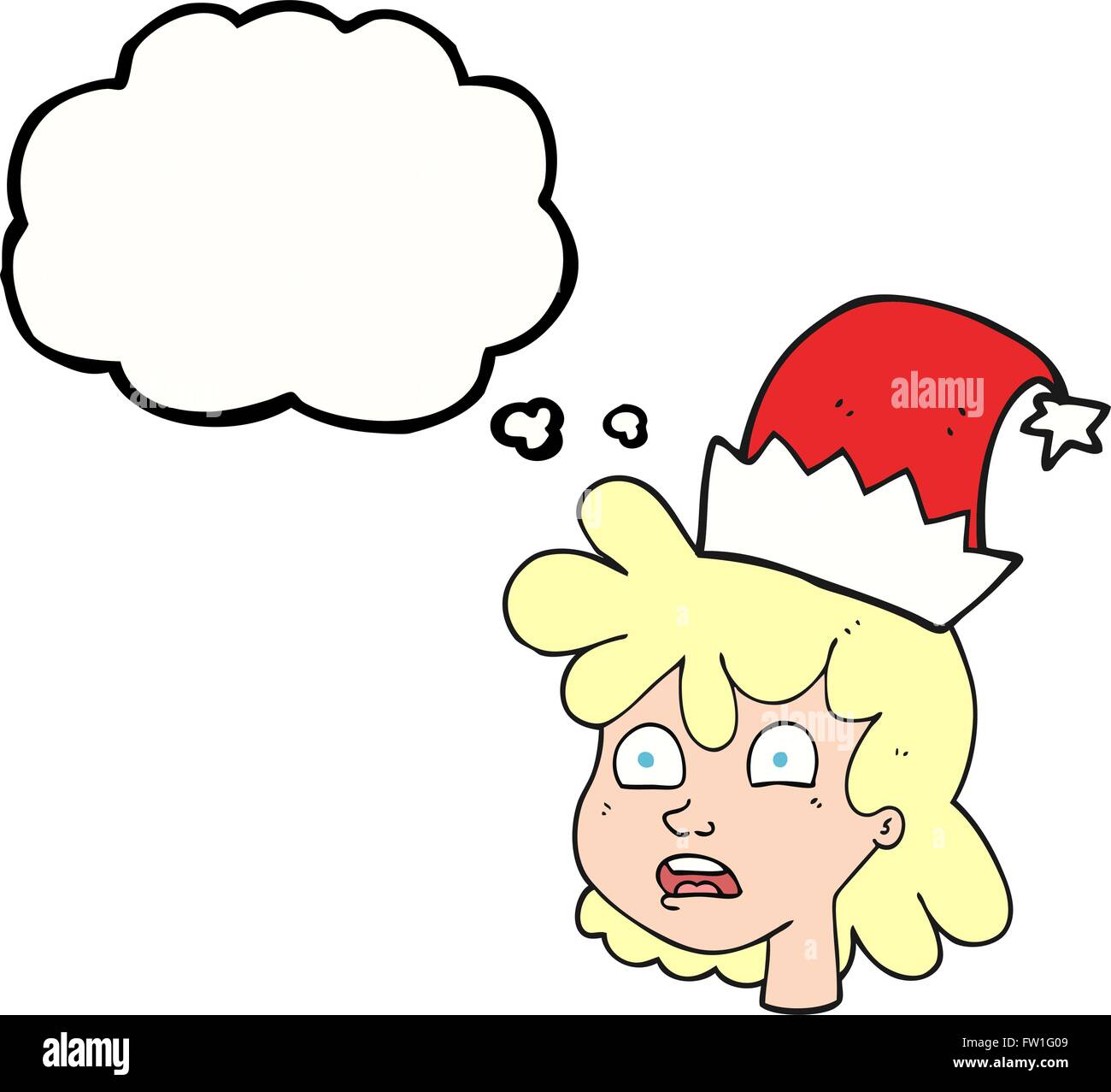 freehand drawn thought bubble cartoon stressed woman wearing santa hat ...