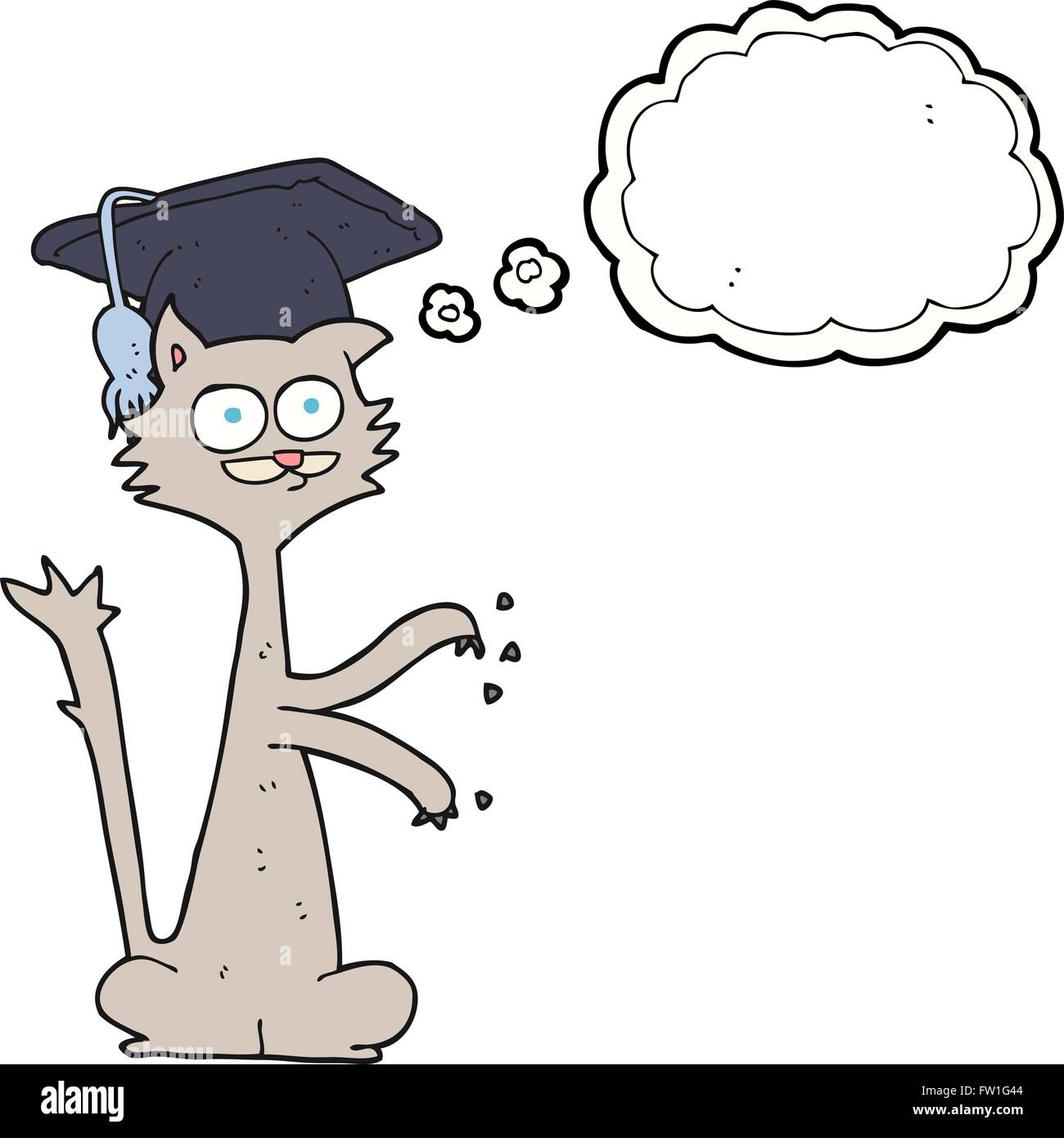 freehand drawn thought bubble cartoon cat scratching with graduation ...