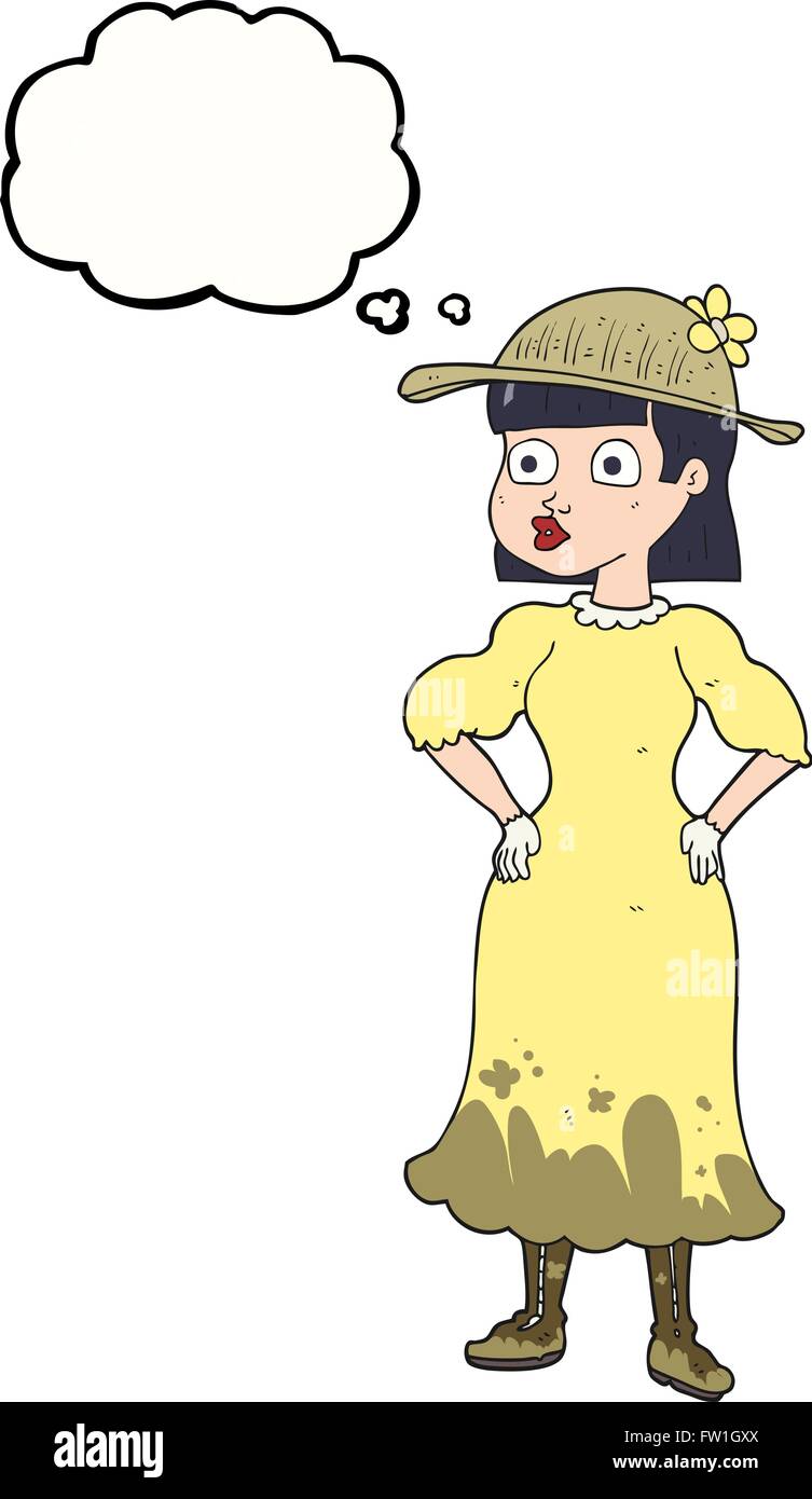 freehand drawn thought bubble cartoon woman in sensible dress Stock ...