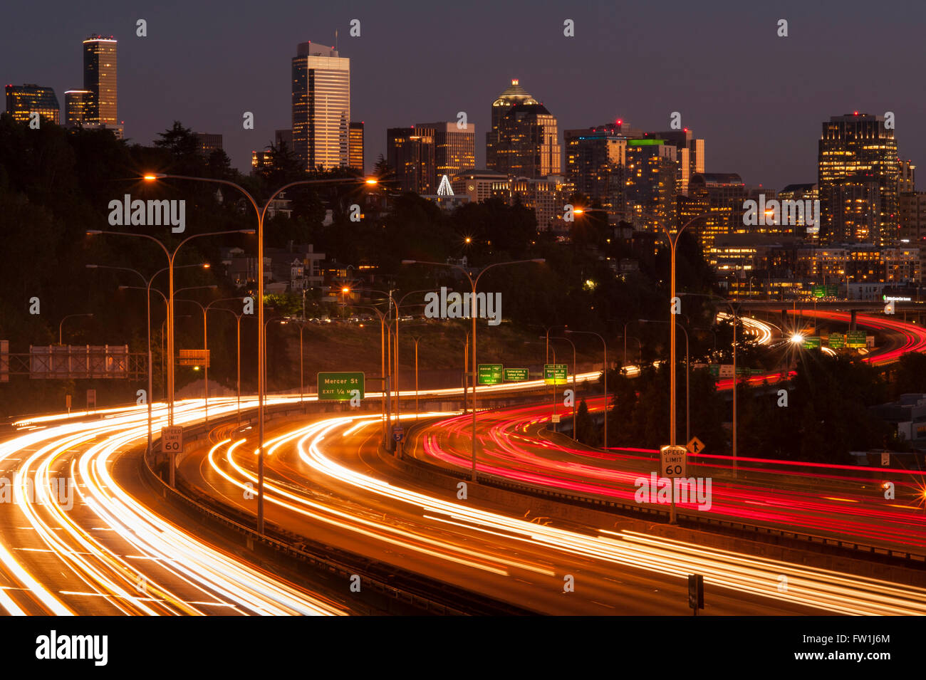 Retro image of Seattle downtown traffic toward sunset Stock Photo - Alamy