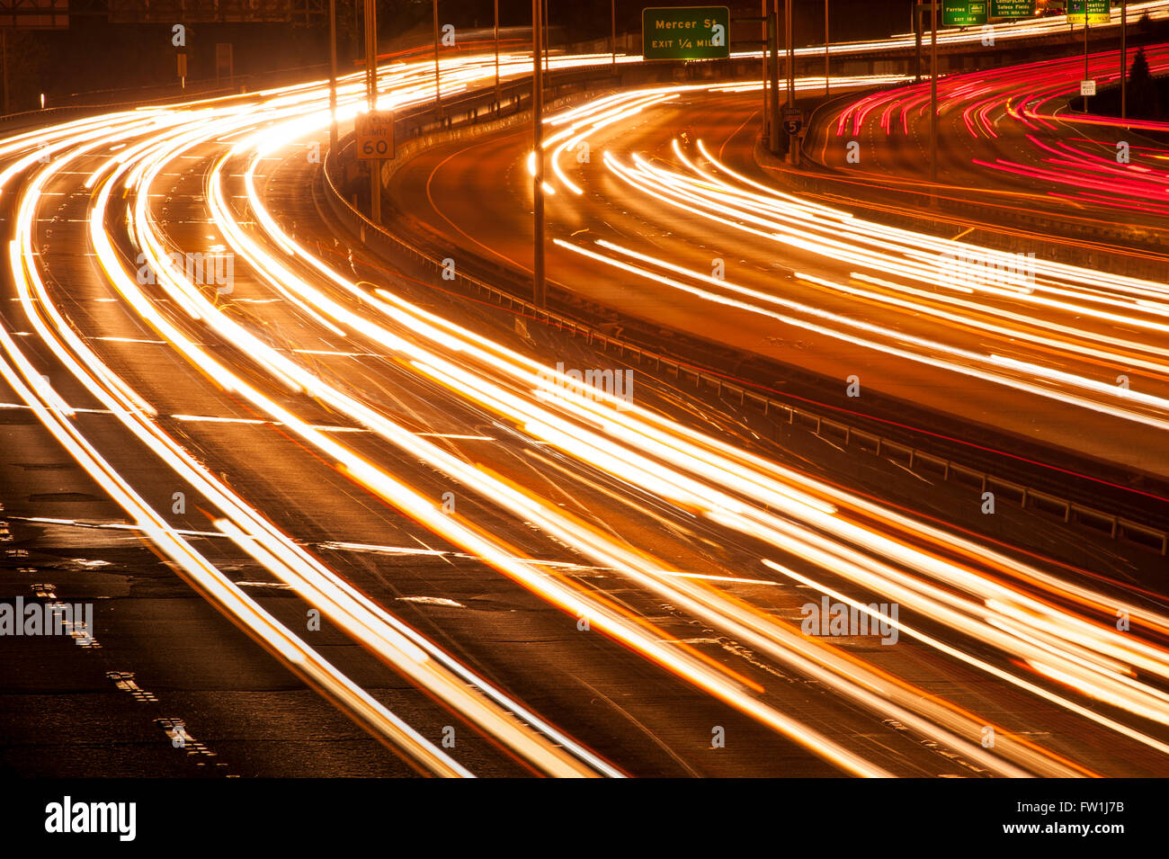 Interstate 5 through Seattle with car light streaks at twilight Stock ...