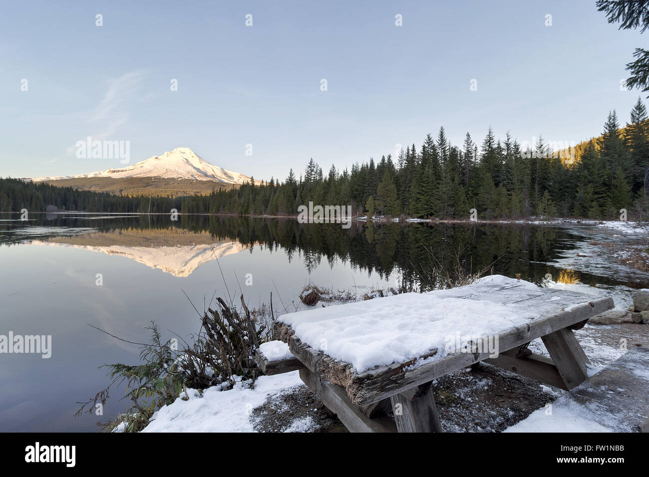Mount Hood Reflection on Trillium Lake in Oregon during winter Stock ...