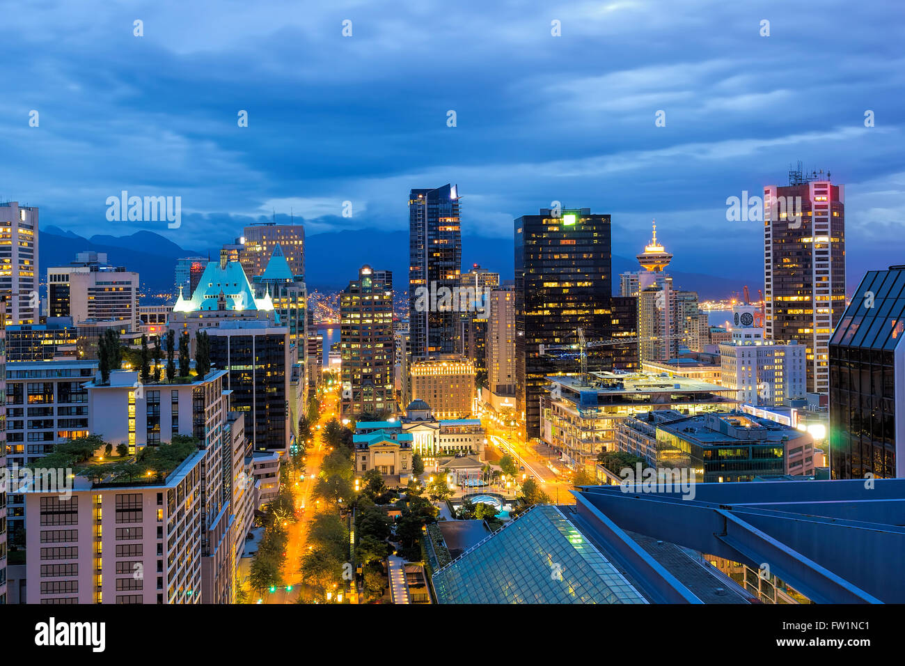 Vancouver British Columbia Canada downtown cityscape at evening blue ...