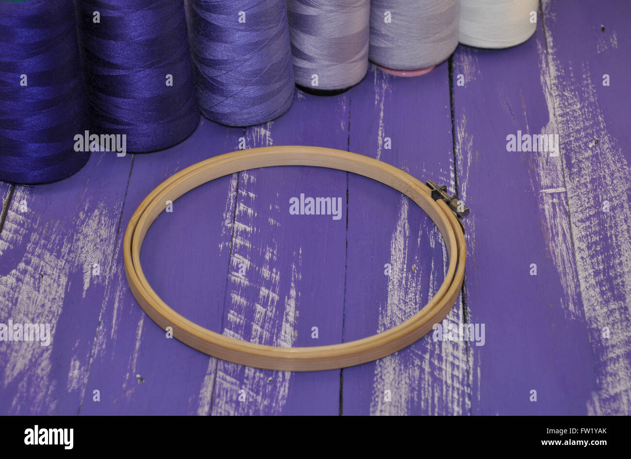 Wooden hoop for embroidery on a background thread Stock Photo - Alamy
