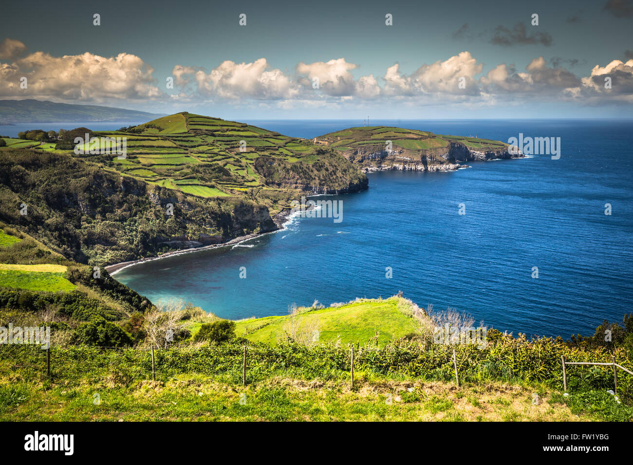 Green island in the Atlantic Ocean, Sao Miguel, Azores, Portugal Stock ...