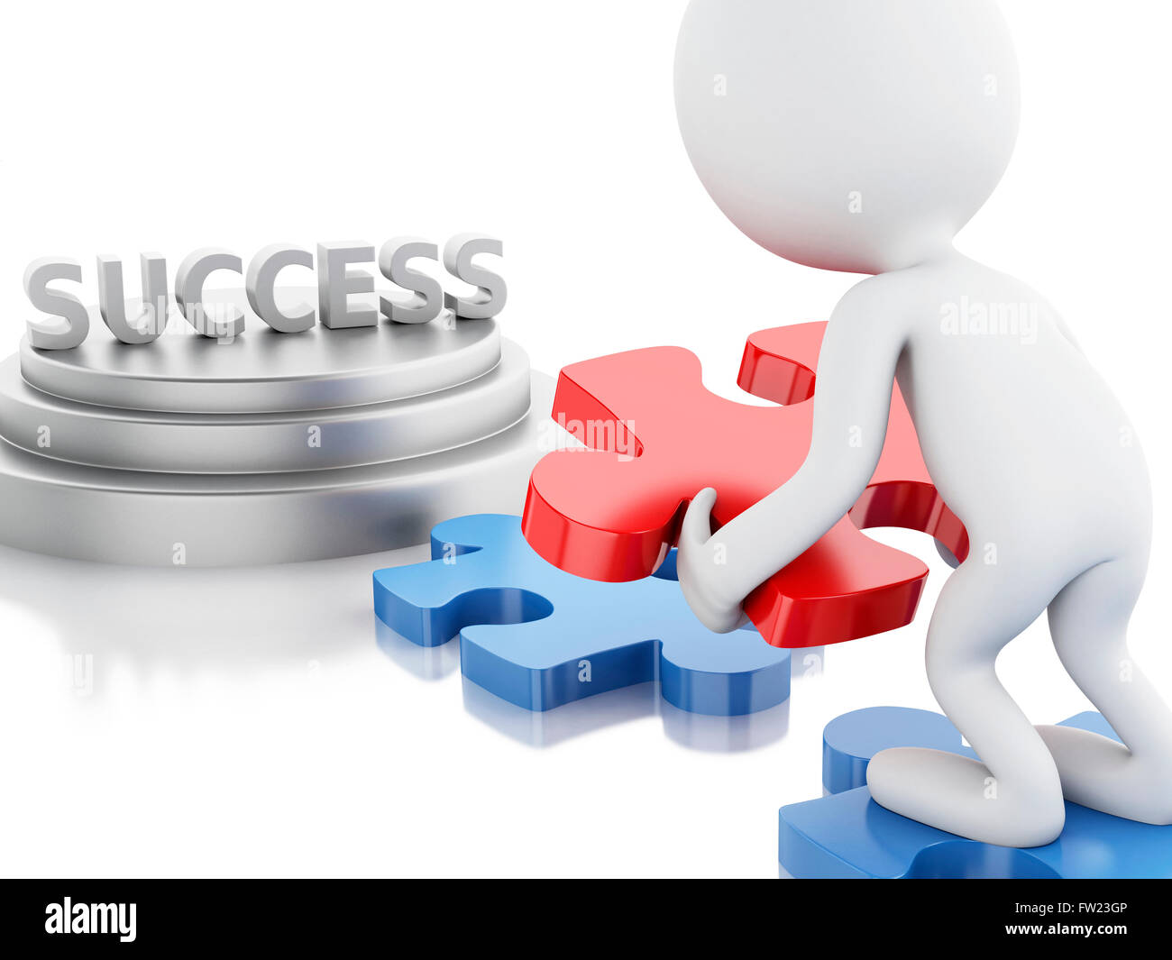 3D Illustration. White people with piece of puzzle and word success ...