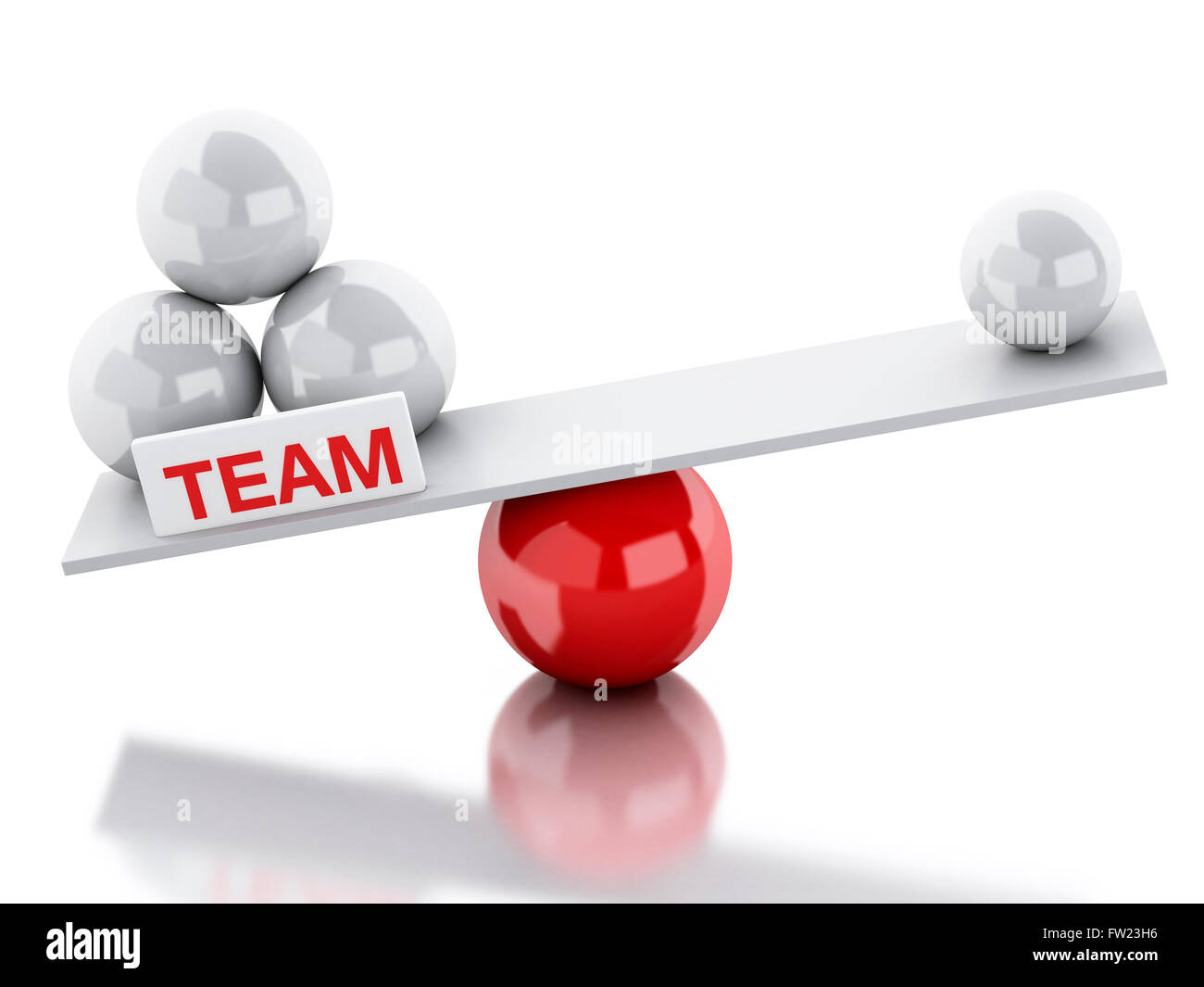 3D Illustration. Seesaw balance between teamwork and leadership ...