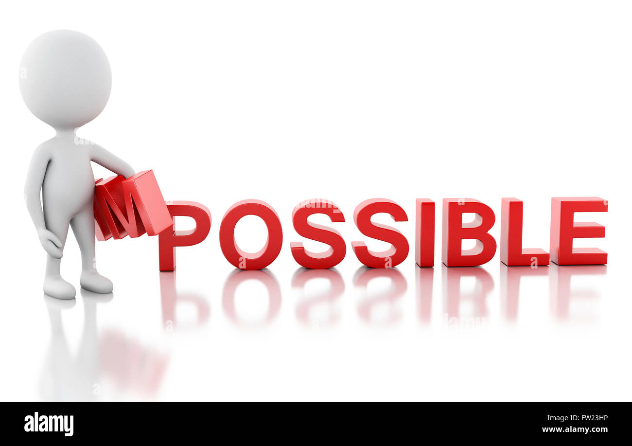 3D Illustration. White people turning word impossible into possible ...