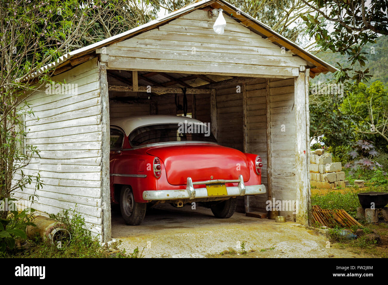 Classic American car park in garden sheed in village near Havana,Cuba ...