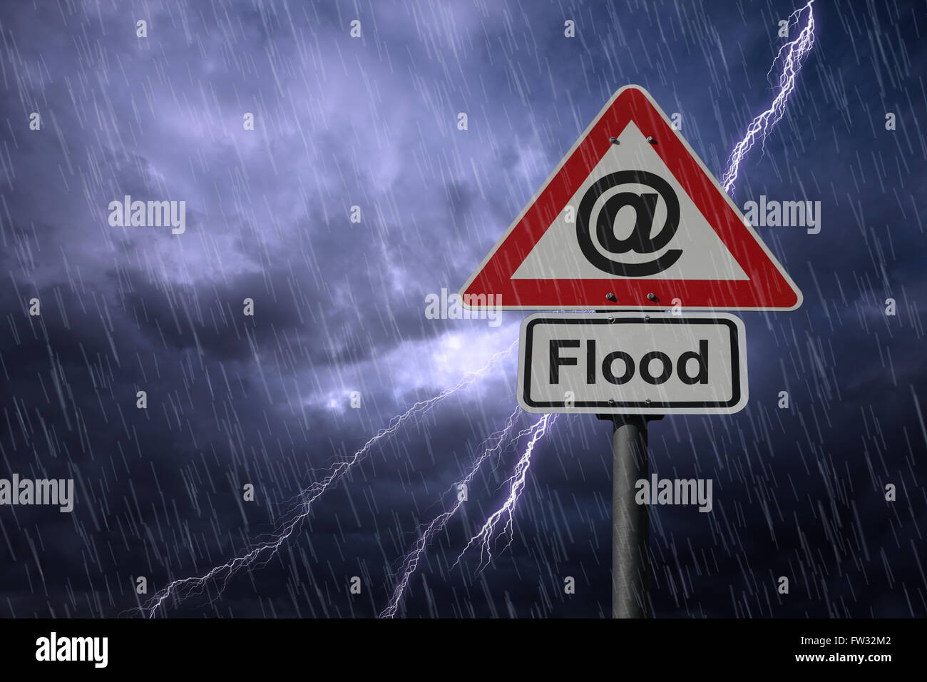 @ symbol and Flood road signs againt a rainy sky with lightning Stock ...