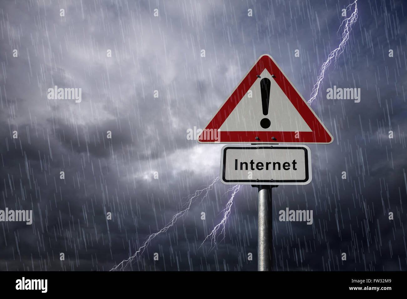 Warning and Internet road signs againt a rainy sky with lightning Stock ...