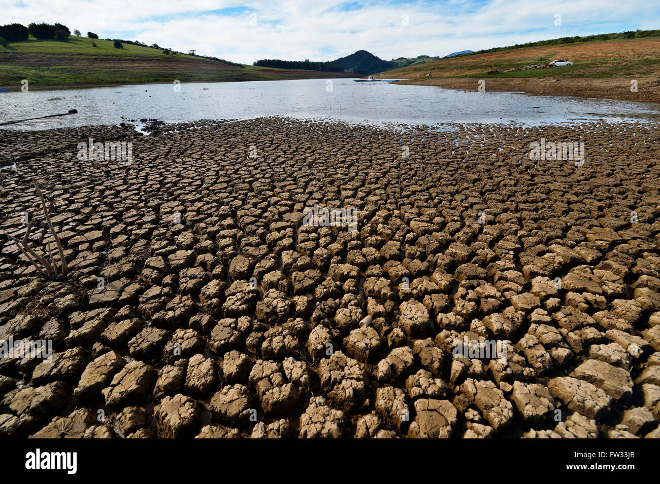 Dry ground on the shore, drought, silting, Jaguari reservoir in Sao ...