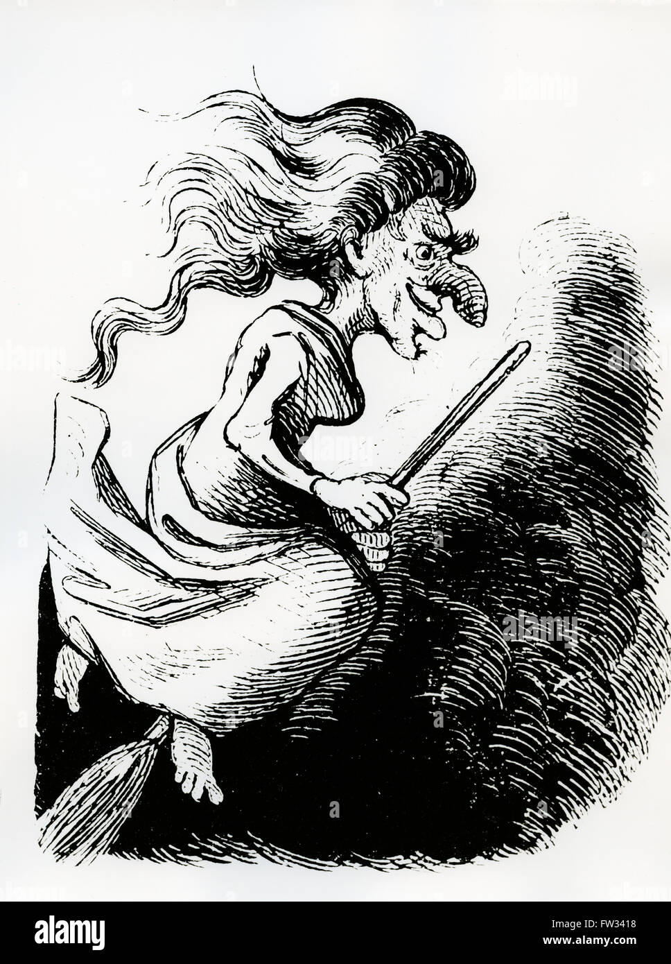 Witch riding on a broom to the Blocksberg, drawing by Count Franz Pocci ...