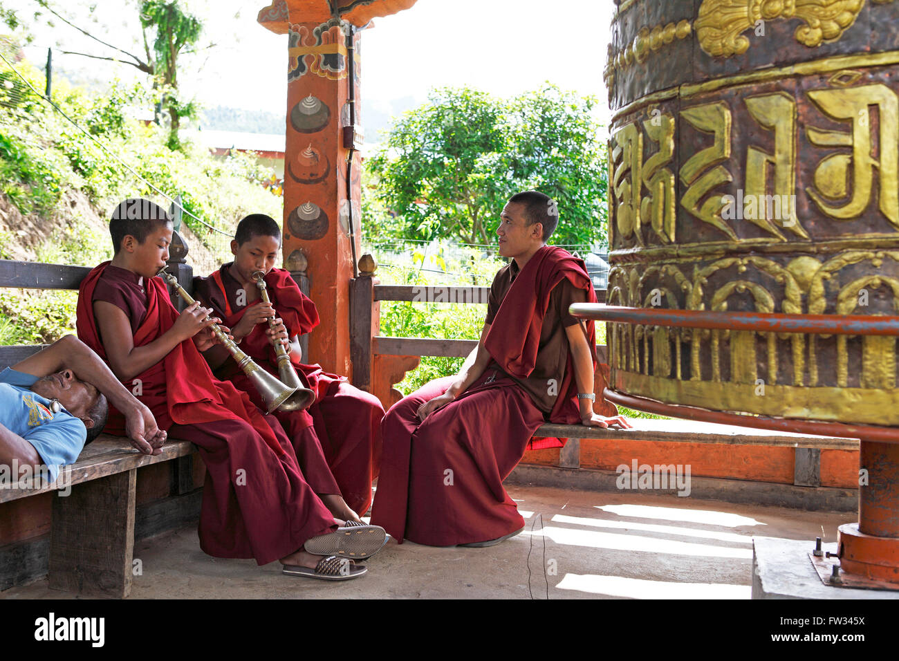 Monks playing Gyalings, Chimi Temple, Punakha District, Bhutan Stock ...