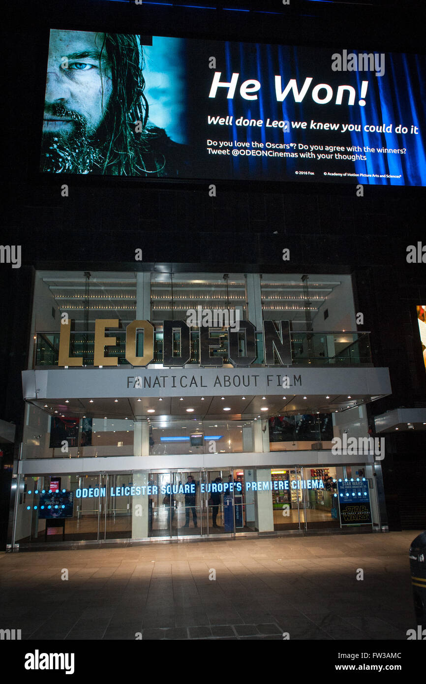 The Odeon Cinema in Leicester Square congratulates Leonardo DiCaprio on ...