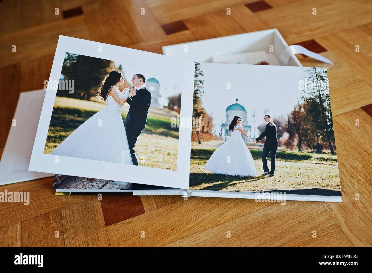 White leather wedding book or wedding album on wooden background Stock ...