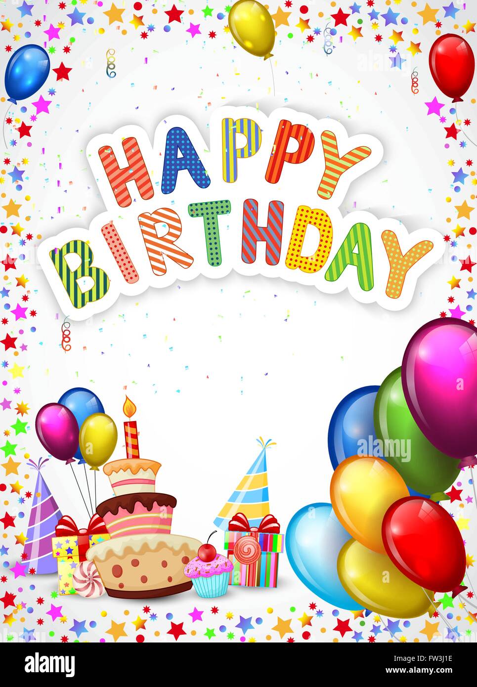 Birthday cartoon with colorful balloon and birthday cake Stock Vector ...