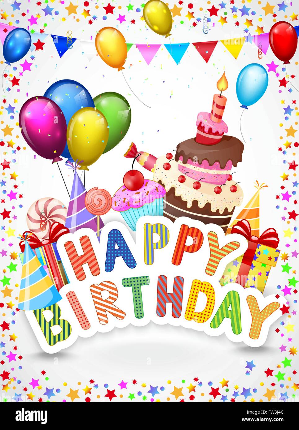 Birthday cartoon with colorful balloon and birthday cake Stock Vector ...