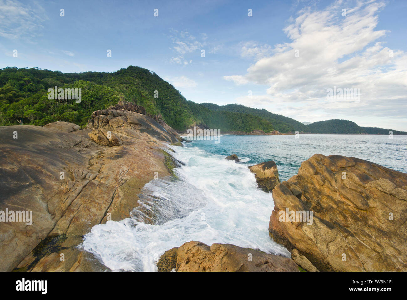 beautiful tropical beach with blue pure water waves, stones and green ...