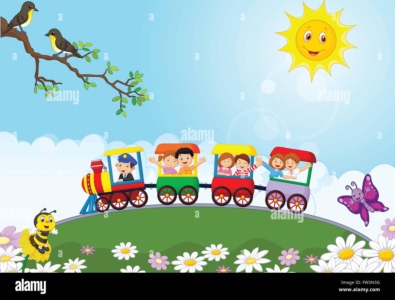 Happy kids on a colorful train Stock Vector Image & Art - Alamy