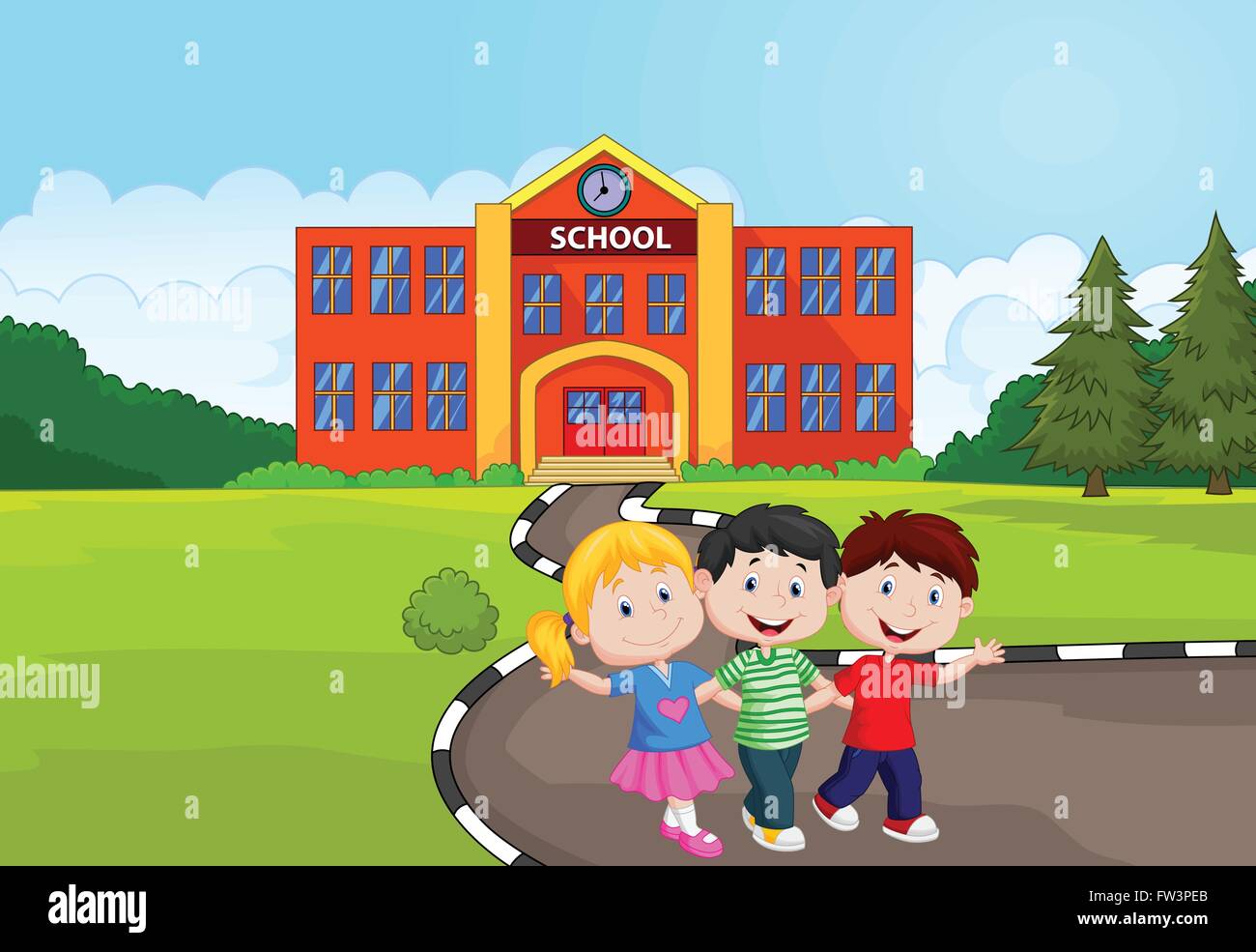 Happy school children in front of school Stock Vector Image & Art - Alamy