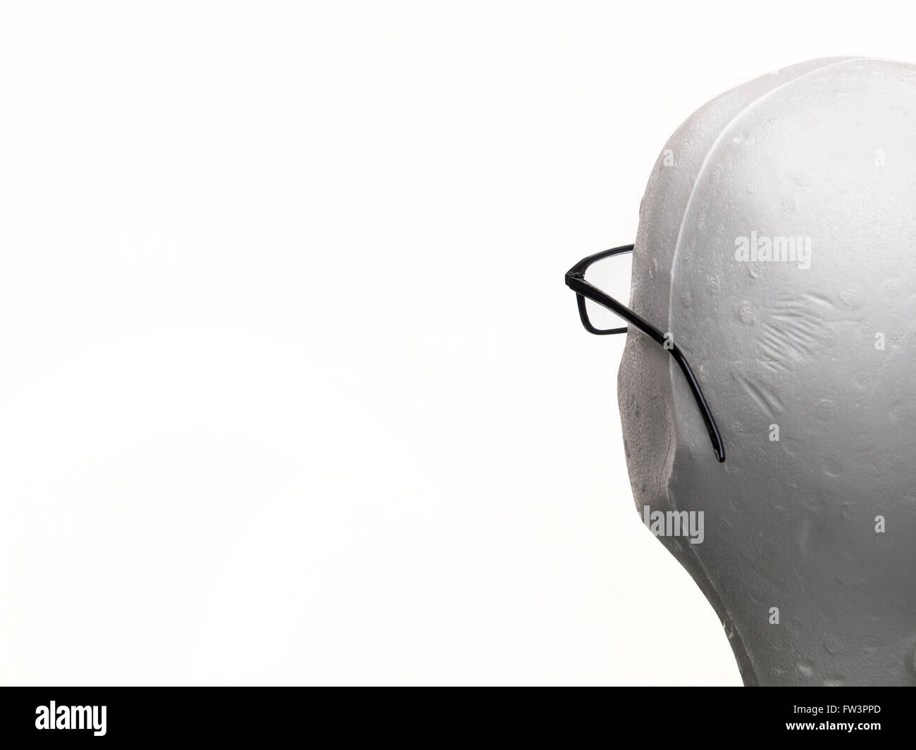 White dummy female head with eyeglasses on white background, back side ...