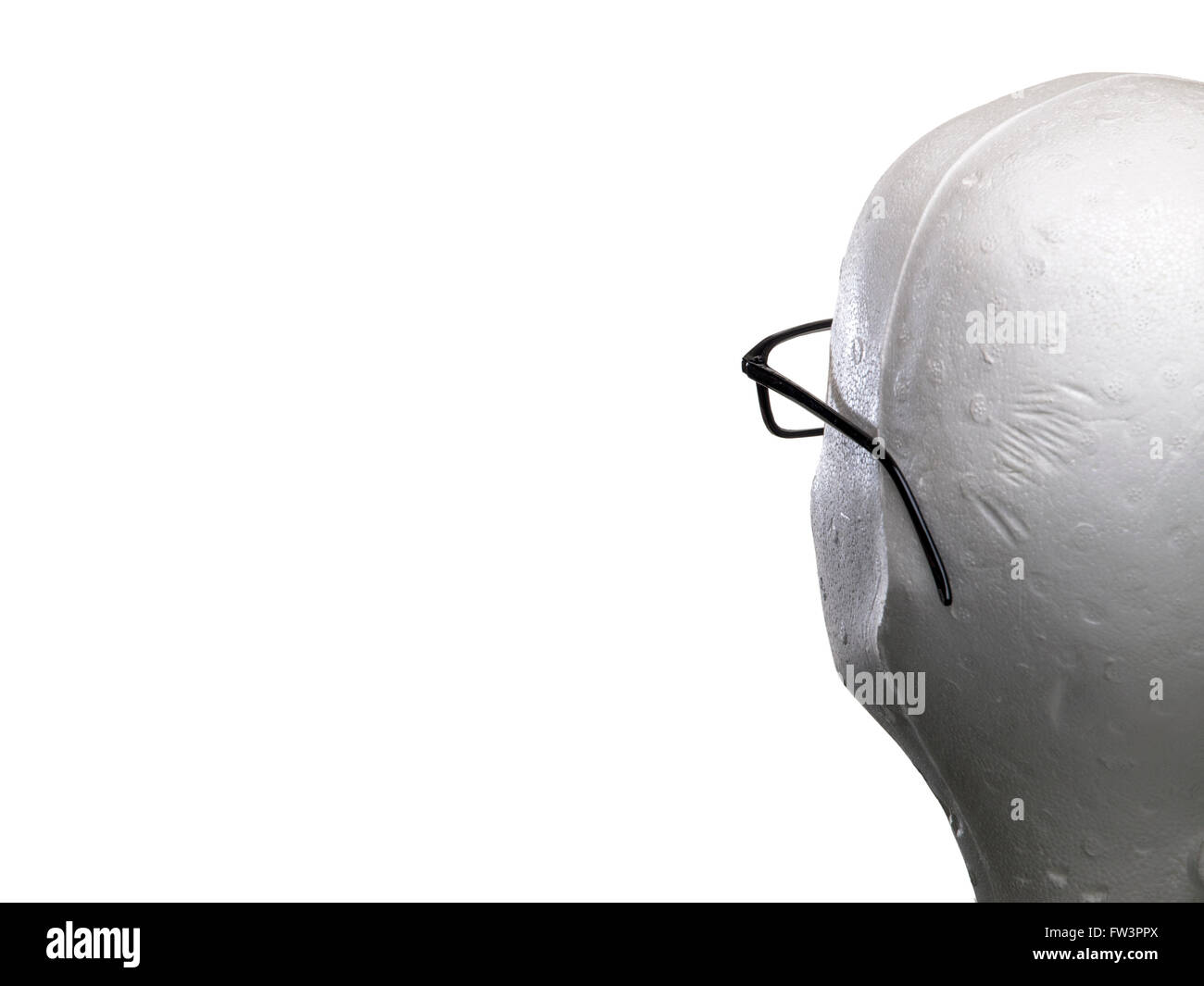 White dummy female head with eyeglasses on white background, back side ...