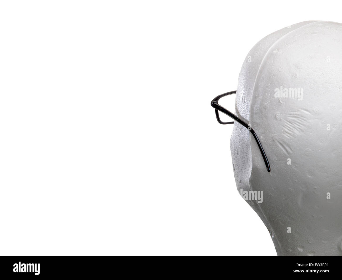 White dummy female head with eyeglasses on white background, back side ...