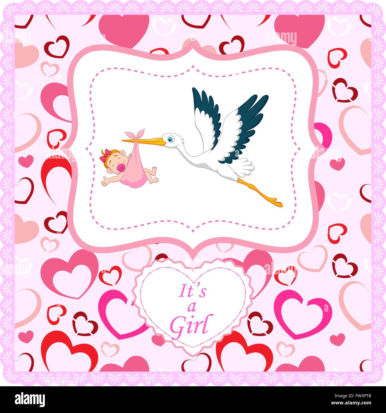 Cartoon stork with baby girl card Stock Vector Image & Art - Alamy