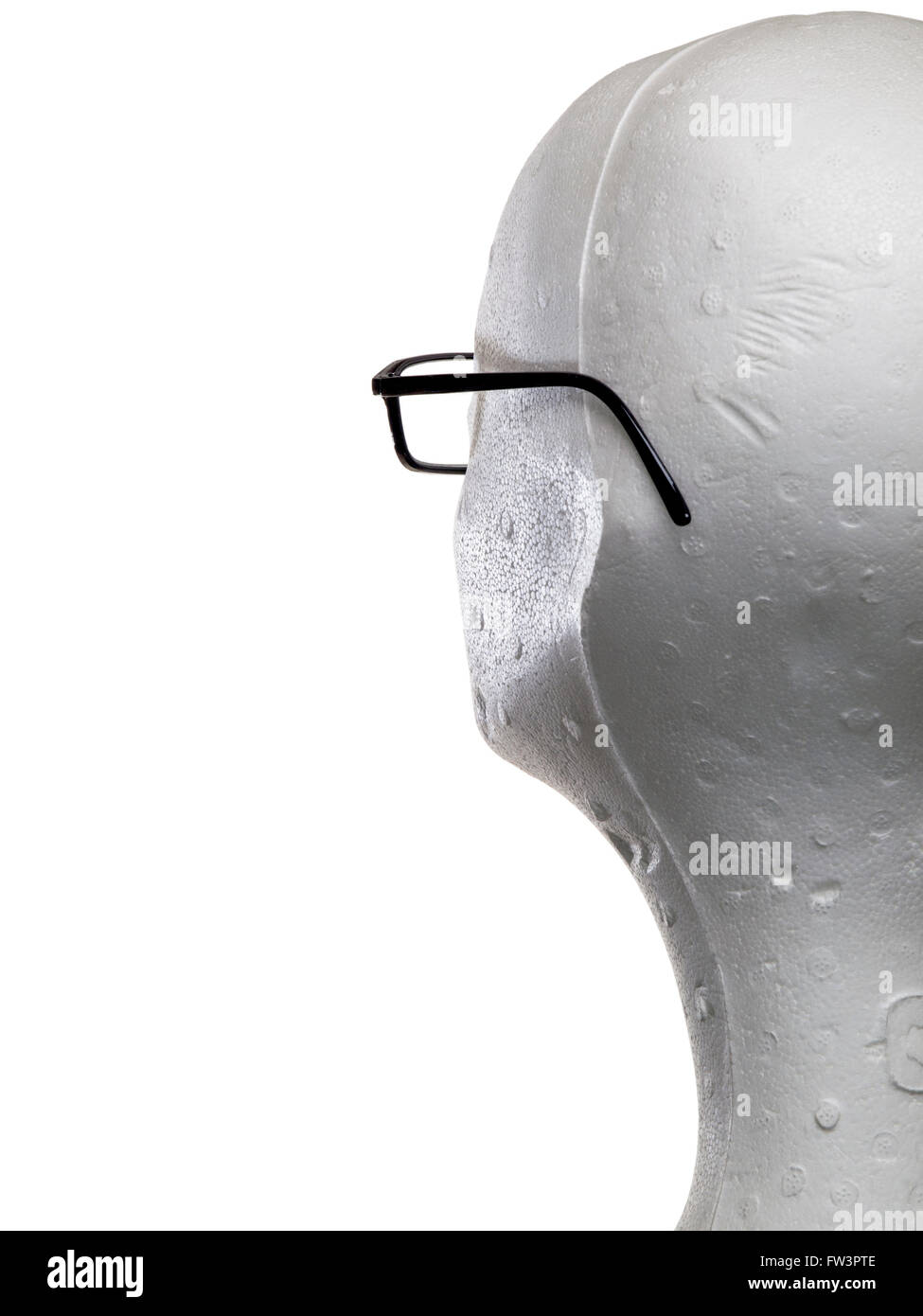 White dummy female head with eyeglasses on white background, back side ...