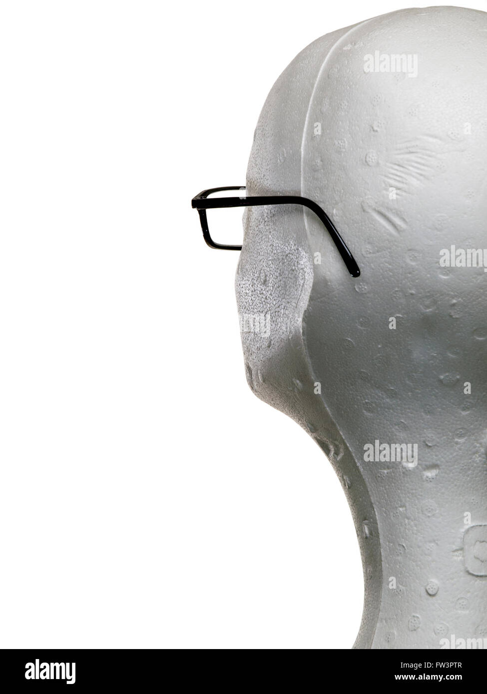 White dummy female head with eyeglasses on white background, back side ...