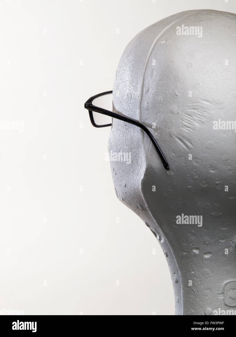 White dummy female head with eyeglasses on white background, back side ...