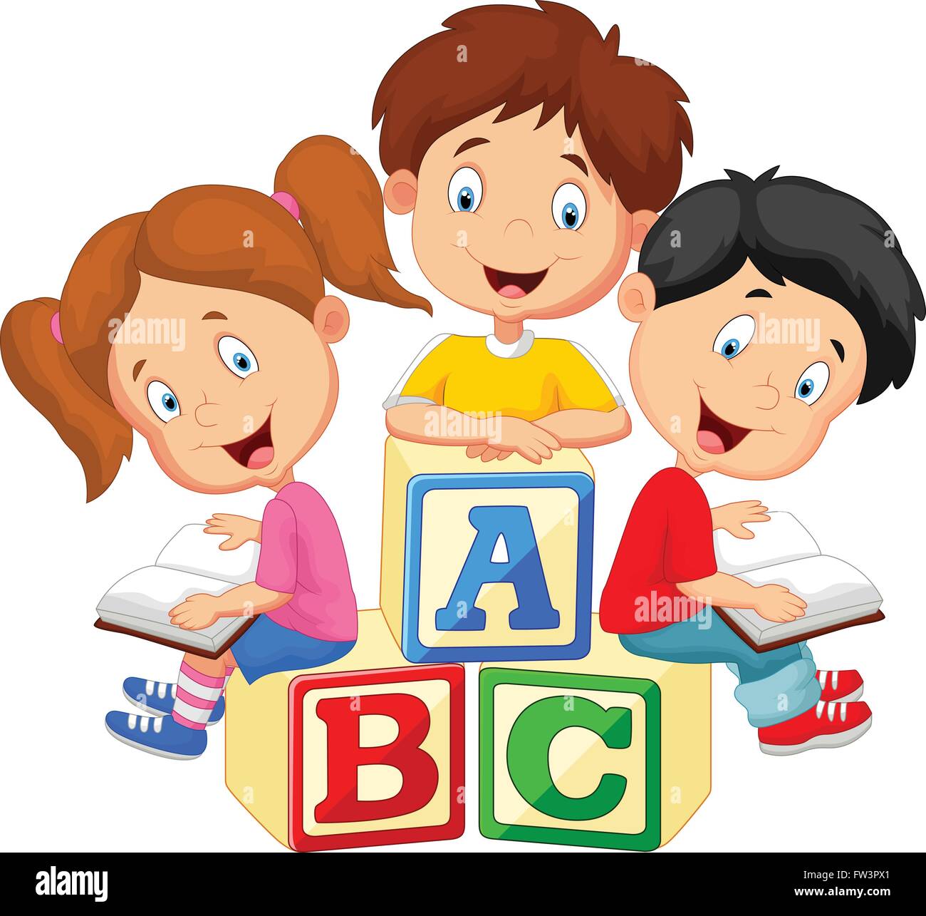 Children reading book and sitting on alphabet blocks Stock Vector Image ...