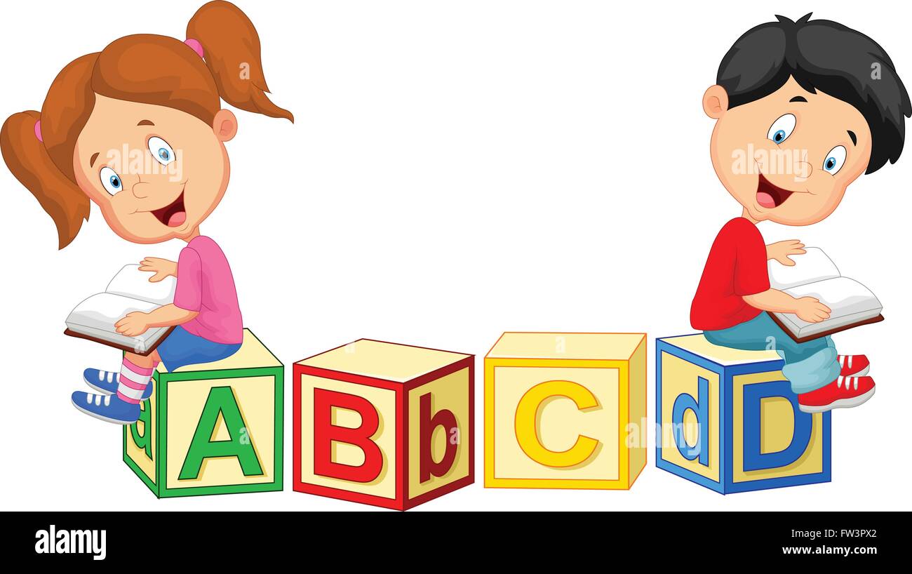 Kids sitting on alphabet blocks Stock Vector Images - Alamy
