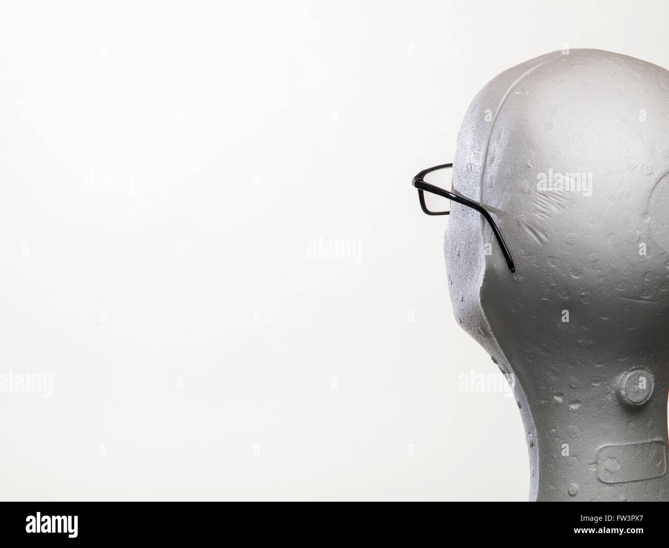 White dummy female head with eyeglasses on white background, back side ...