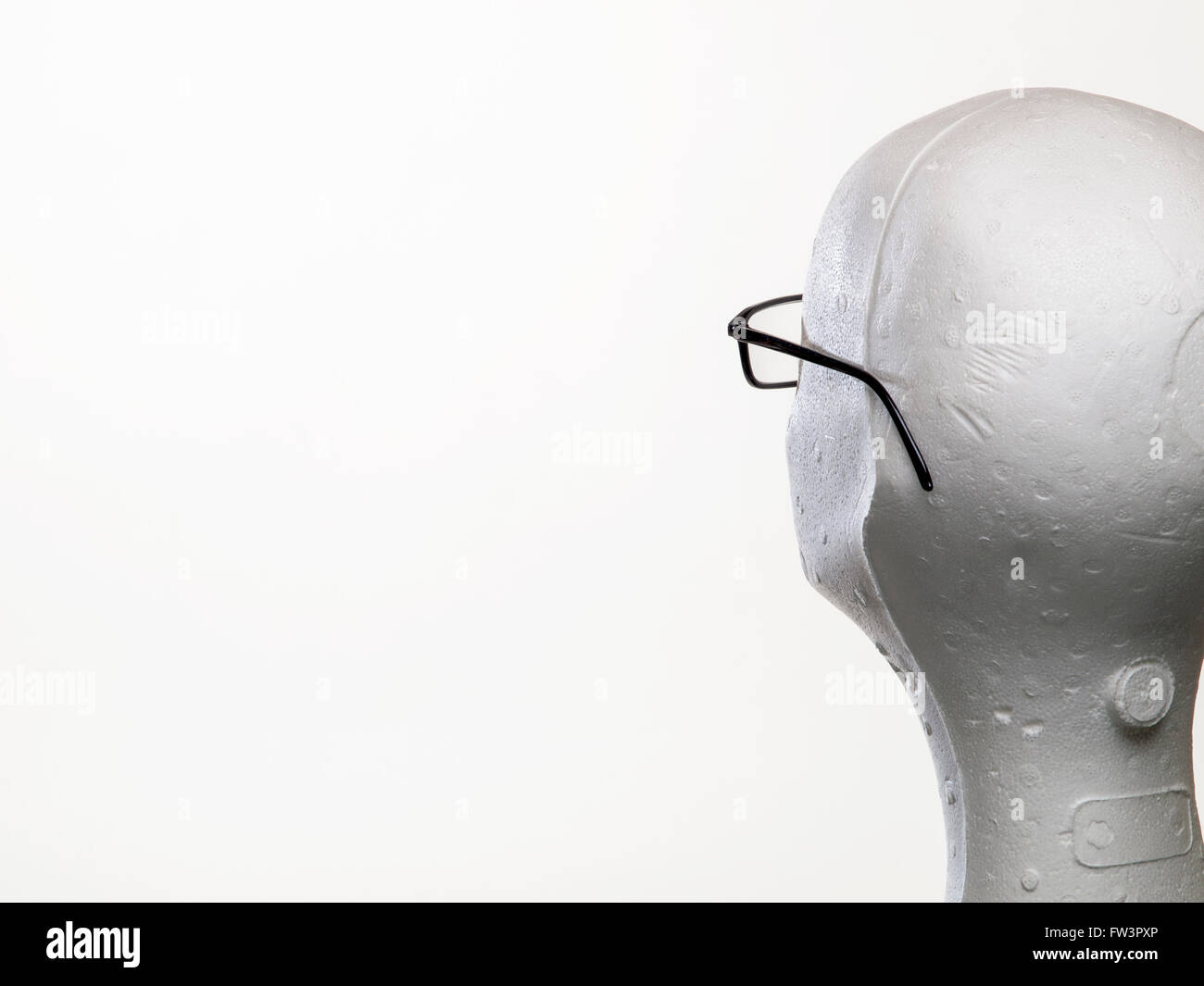White dummy female head with eyeglasses on white background, back side ...