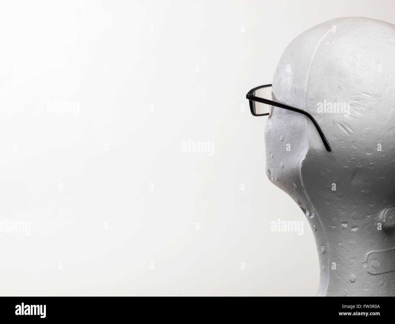 White dummy female head with eyeglasses on white background, back side ...