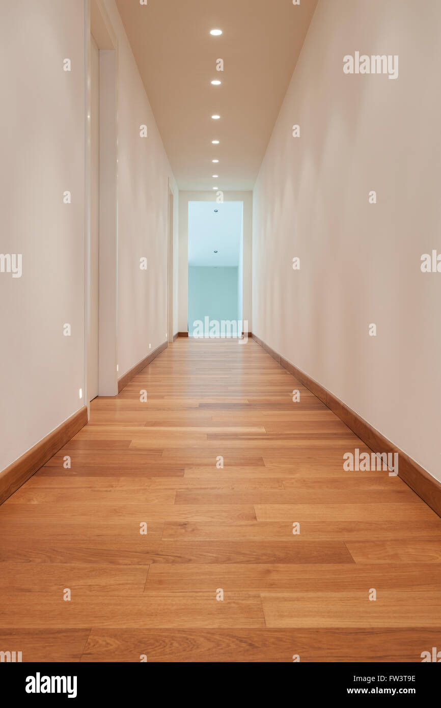 Architecture, long corridor of a modern building, parquet floor Stock ...