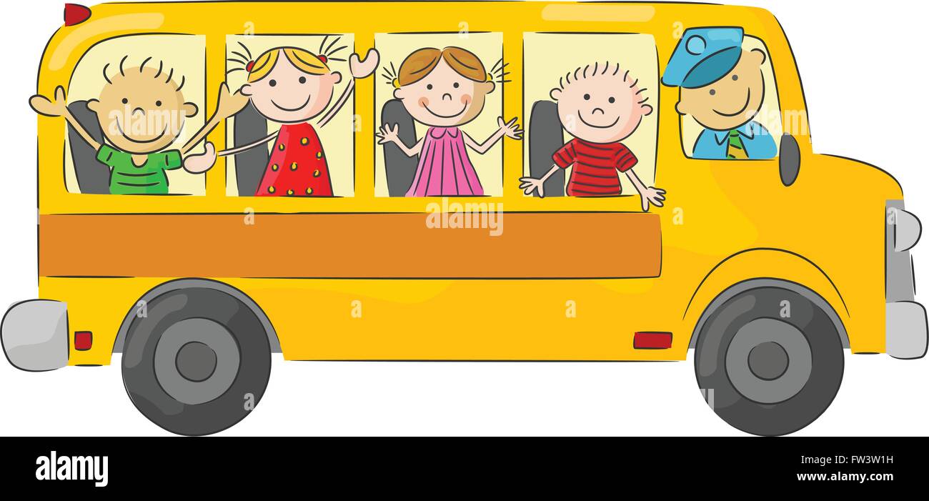 Happy children on school bus Stock Vector Image & Art - Alamy