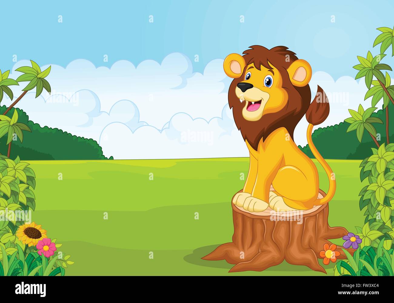 Cartoon cute lion sit on the tree Stock Vector Image & Art - Alamy