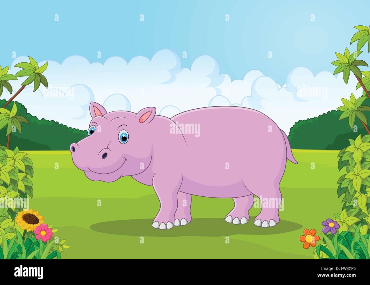 Cute hippo cartoon in the jungle Stock Vector Image & Art - Alamy