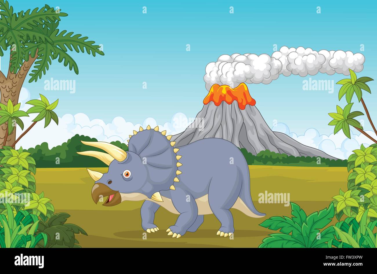 Prehistoric scene with triceratops cartoon and volcano Stock Vector ...