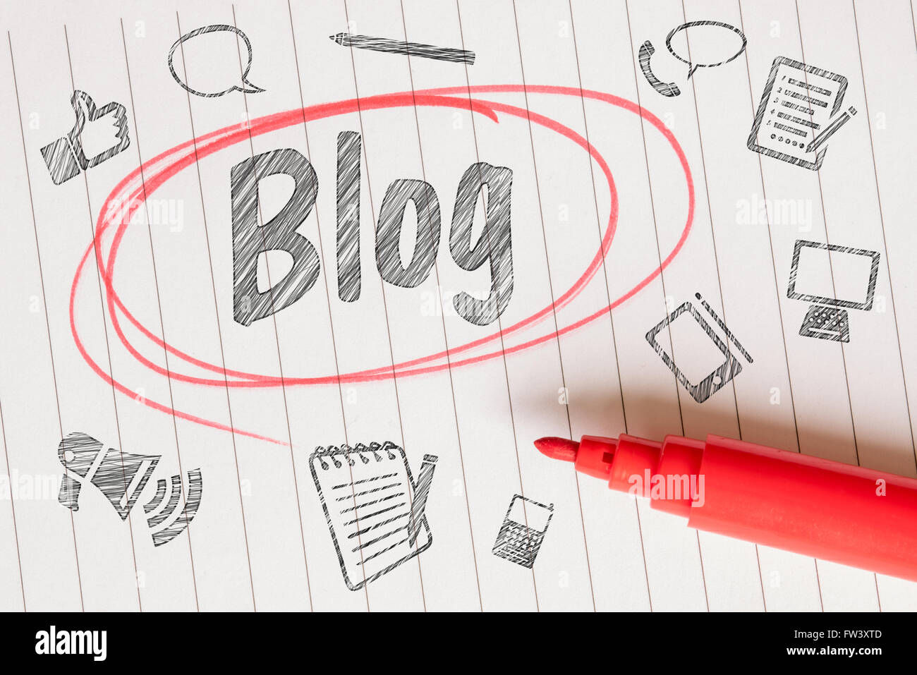 Blog sketch with drawings on linear paper Stock Photo - Alamy