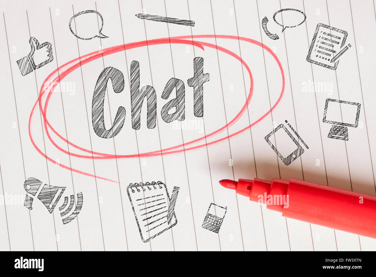 Chat note with small sketches and a red marker Stock Photo - Alamy