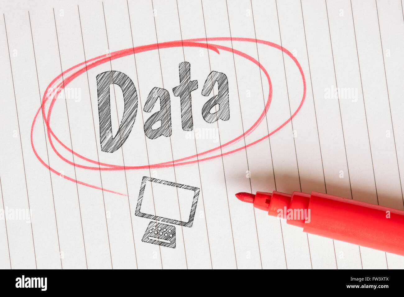 Data word in a red circle with a computer sketch Stock Photo - Alamy