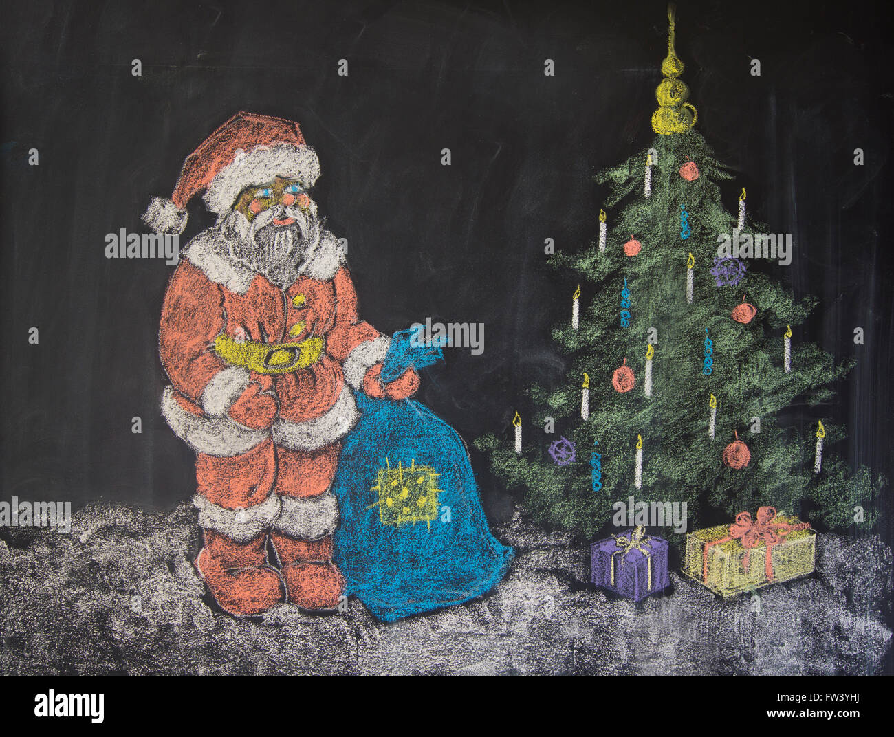 santa claus near christmas tree on child drawing on a blackboard Stock ...